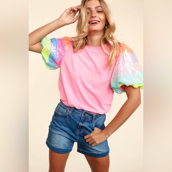 Anthropologie | Tops | Pink Round Neck Sequin Puff Bubble Sleeve Blouse ...